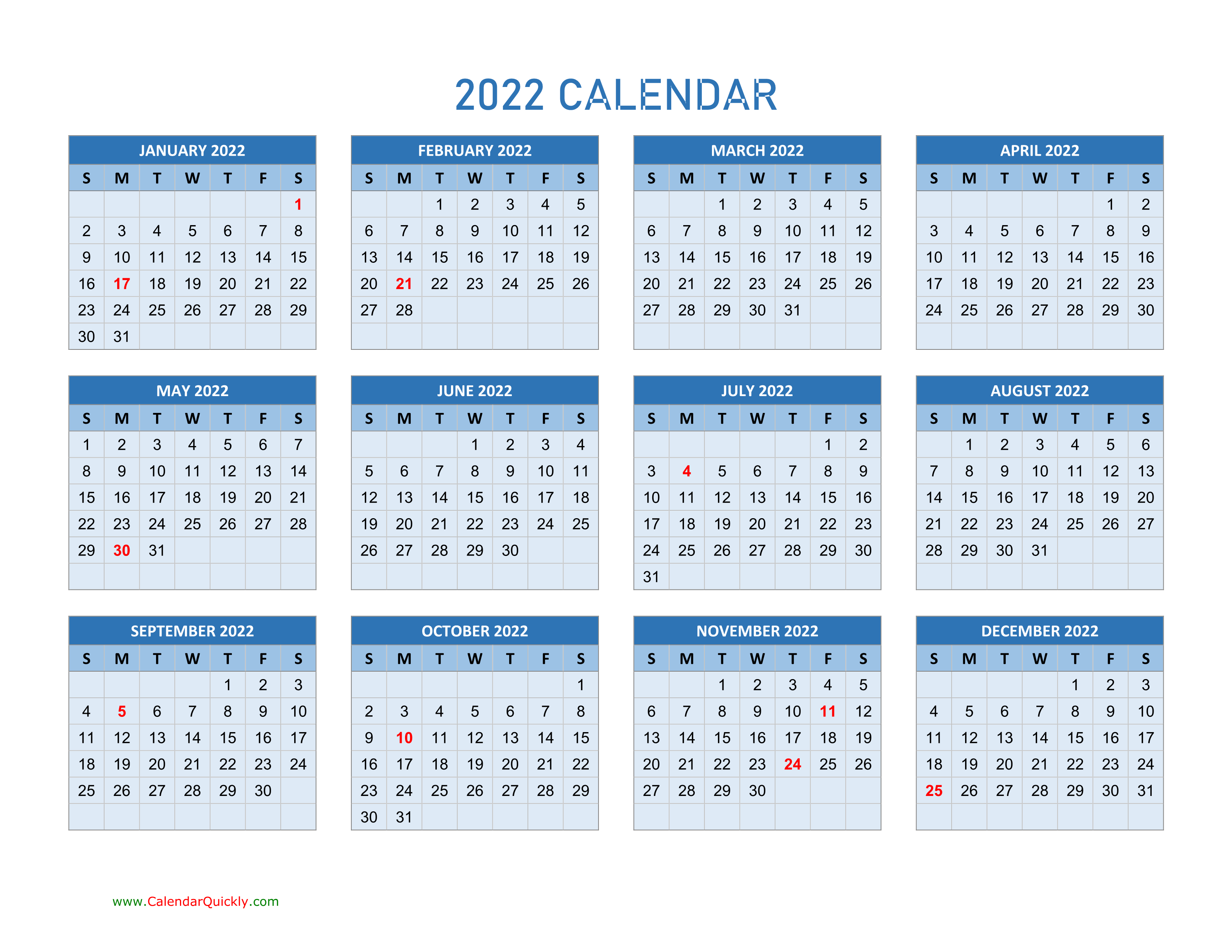 Year 2022 Calendars Calendar Quickly