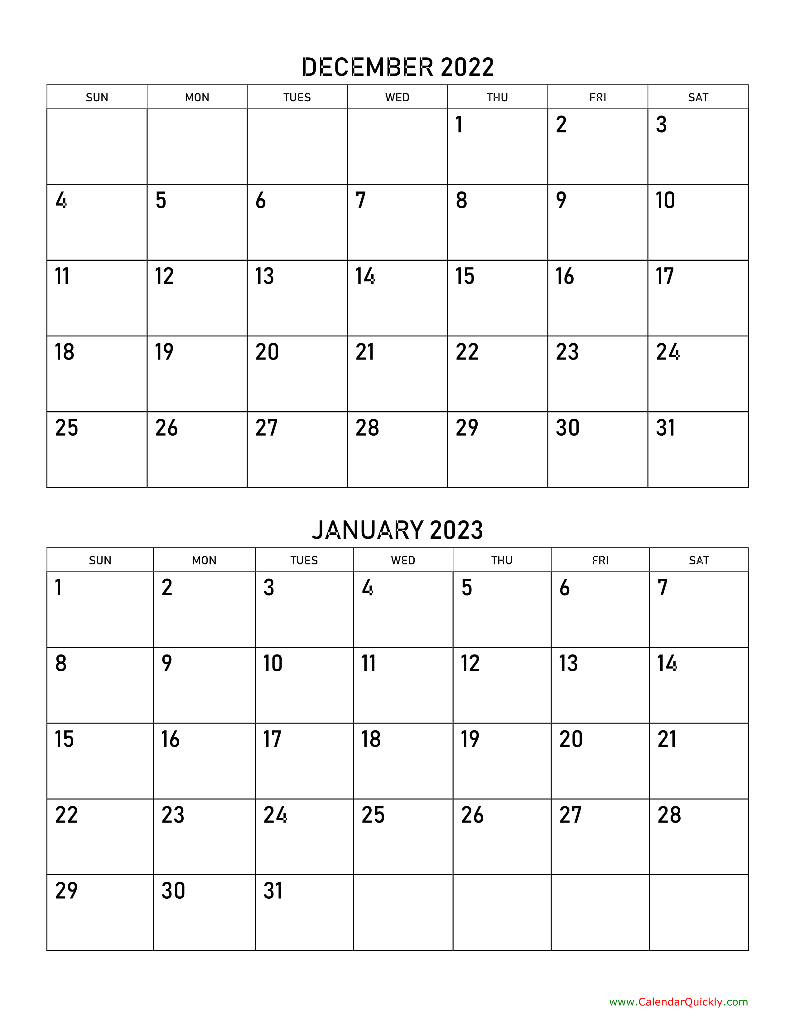 December 2022 And January 2023 Calendar Calendar Quickly