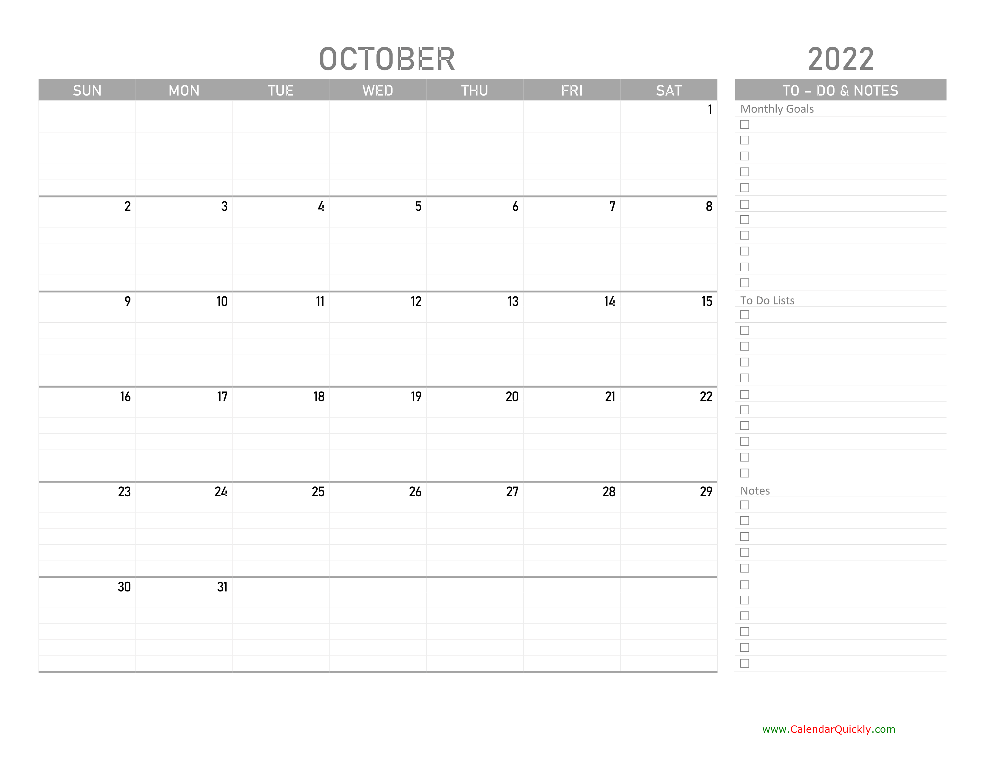 October 2022 Calendar With To Do List Calendar Quickly
