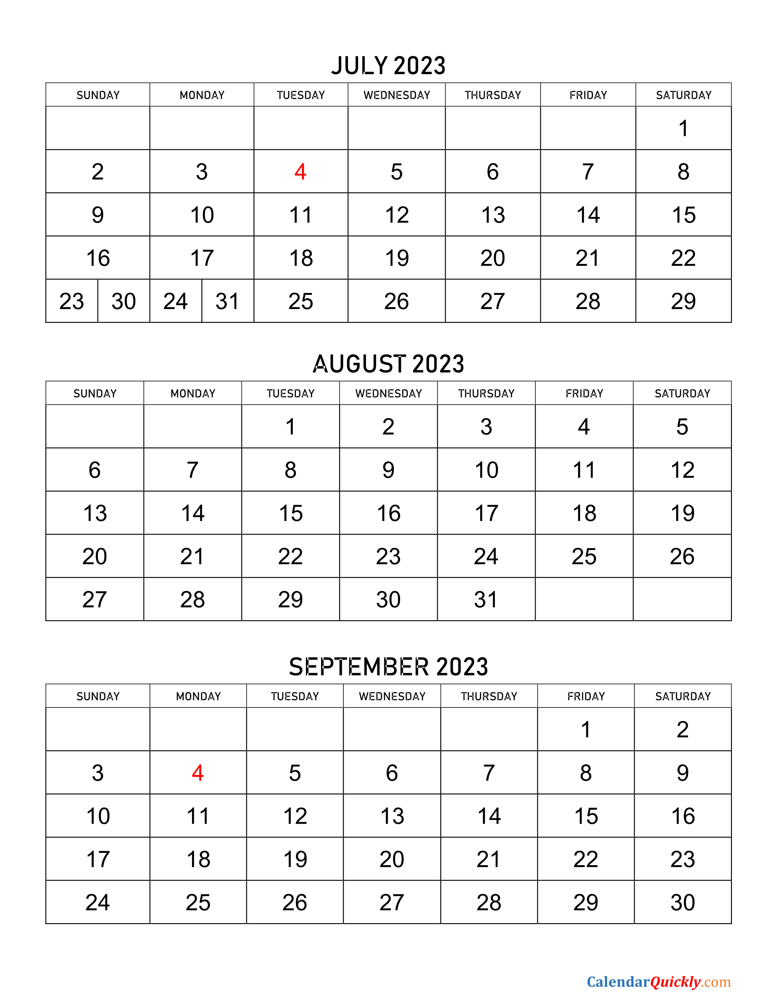 June July August September 2023 Calendar Printable Free 2023 