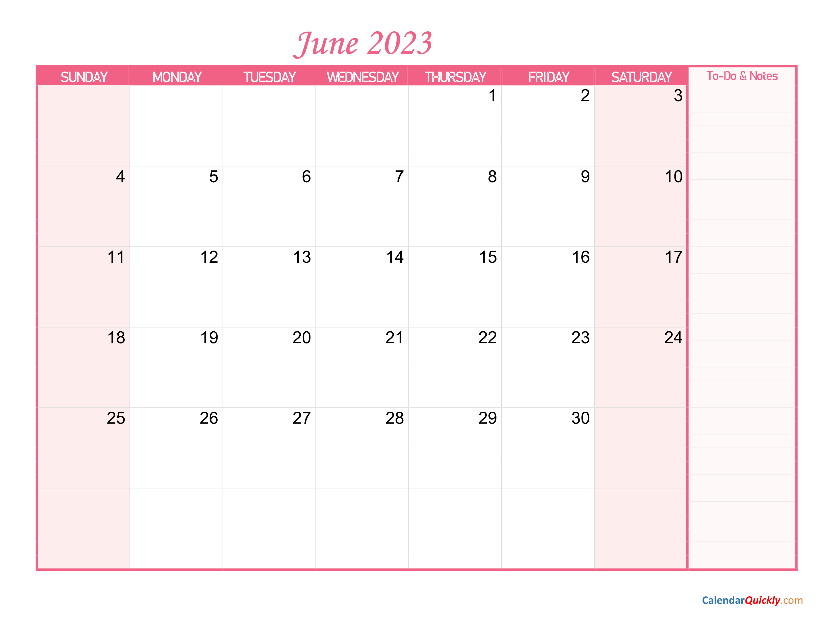 June Calendar 2023 With Notes Calendar Quickly