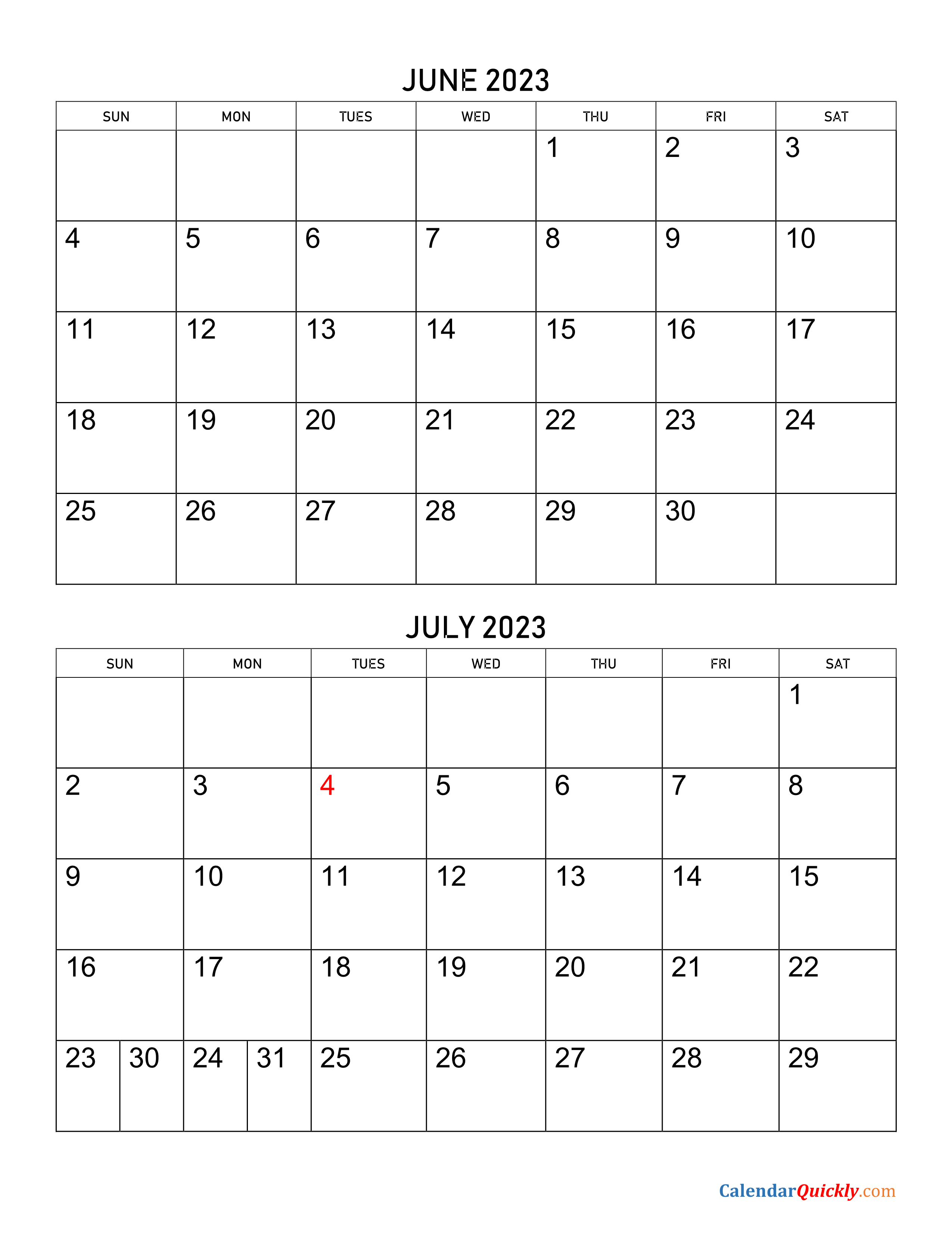June And July 2023 Calendar Calendar Quickly