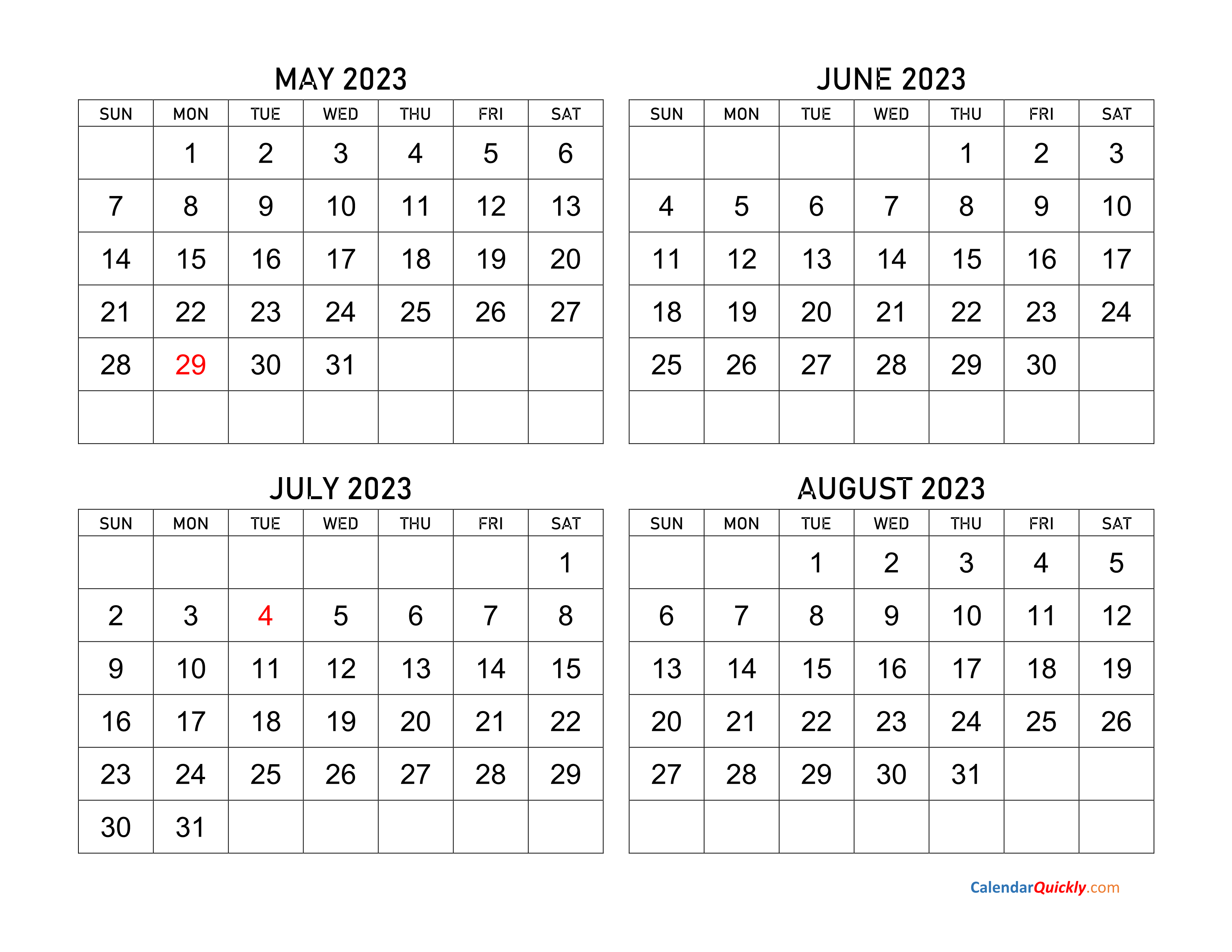 May June July August 2023 Calendar Printable Free 2023 Printable Calendar