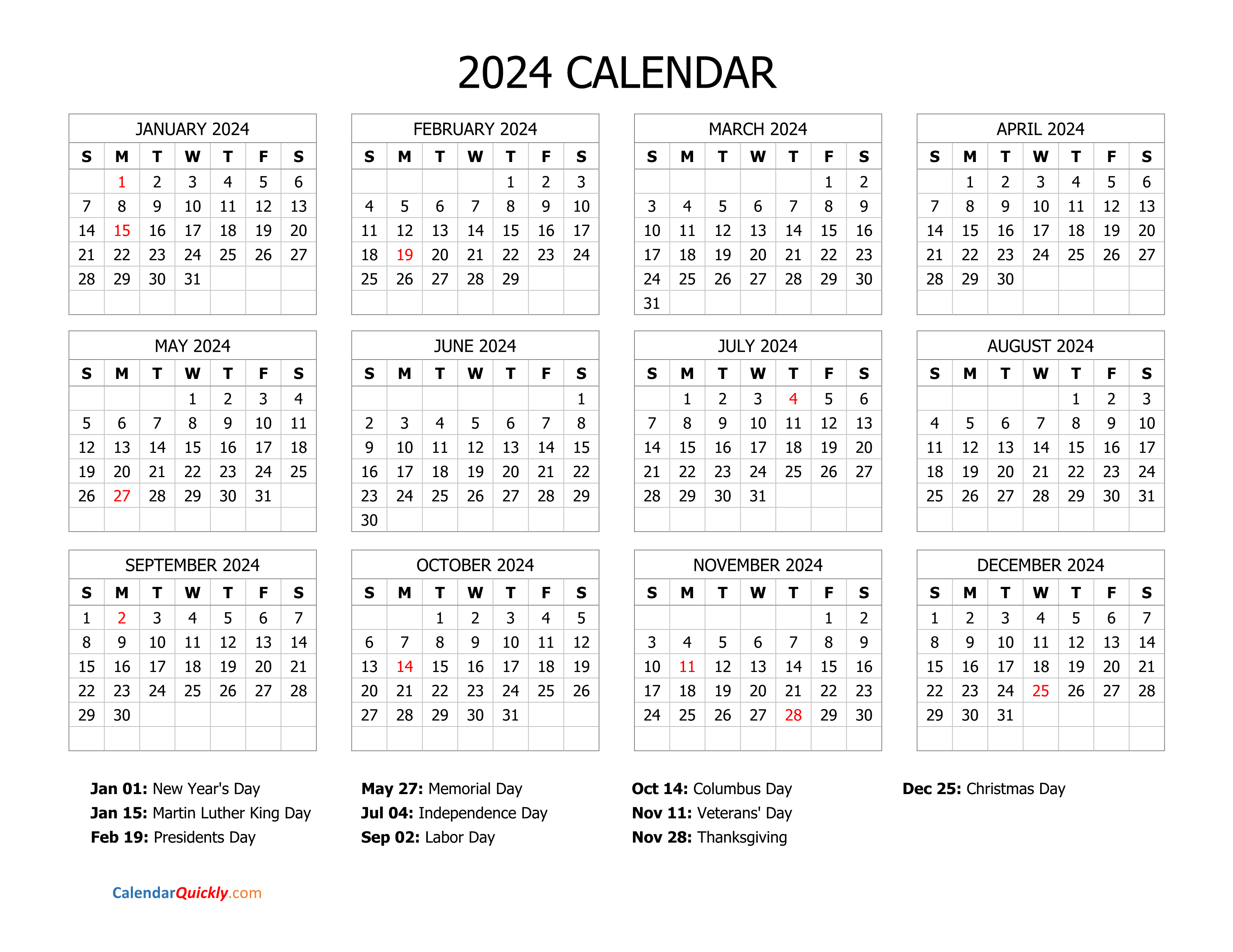2024 Printable Calendar With Holidays Printable World Holiday