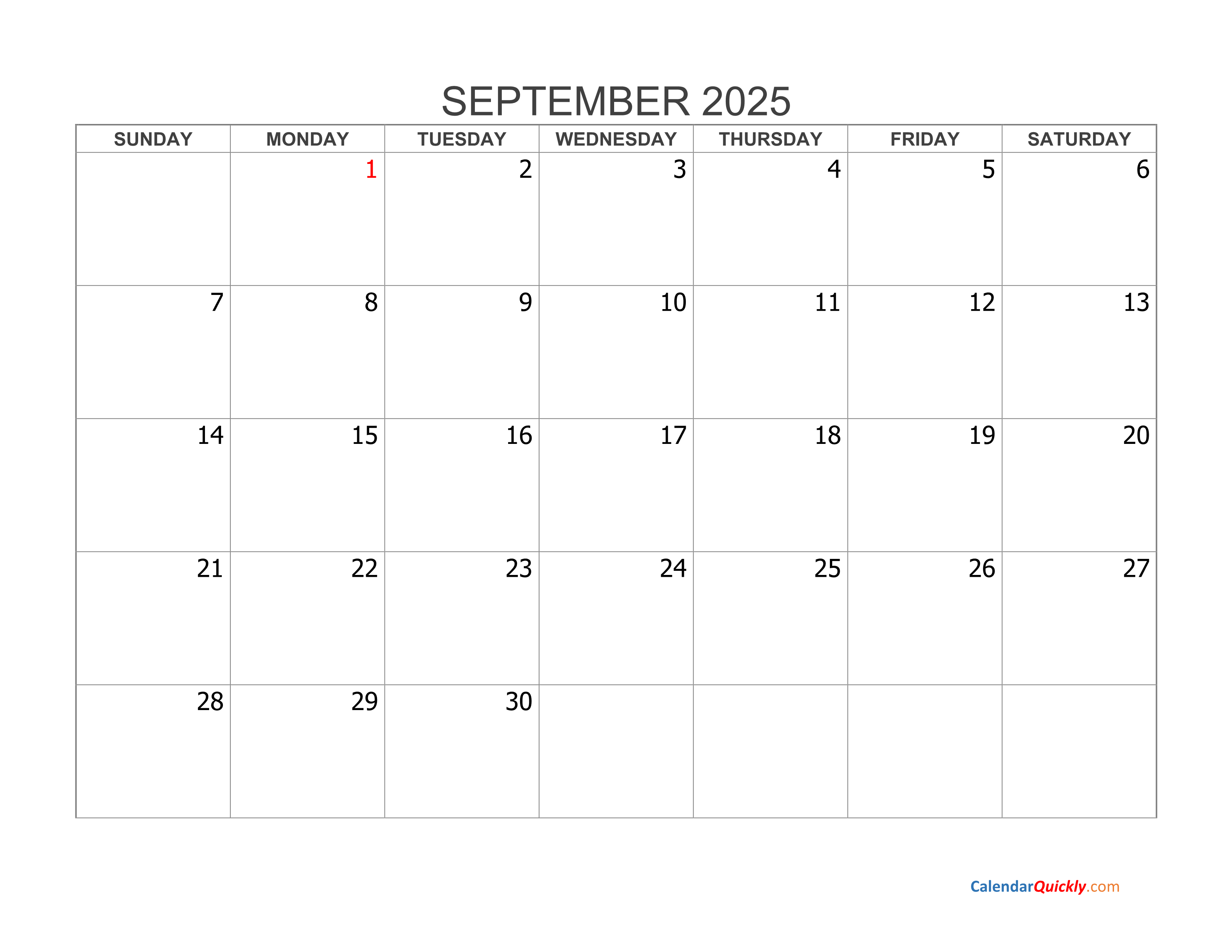 September 2025 Blank Calendar Calendar Quickly