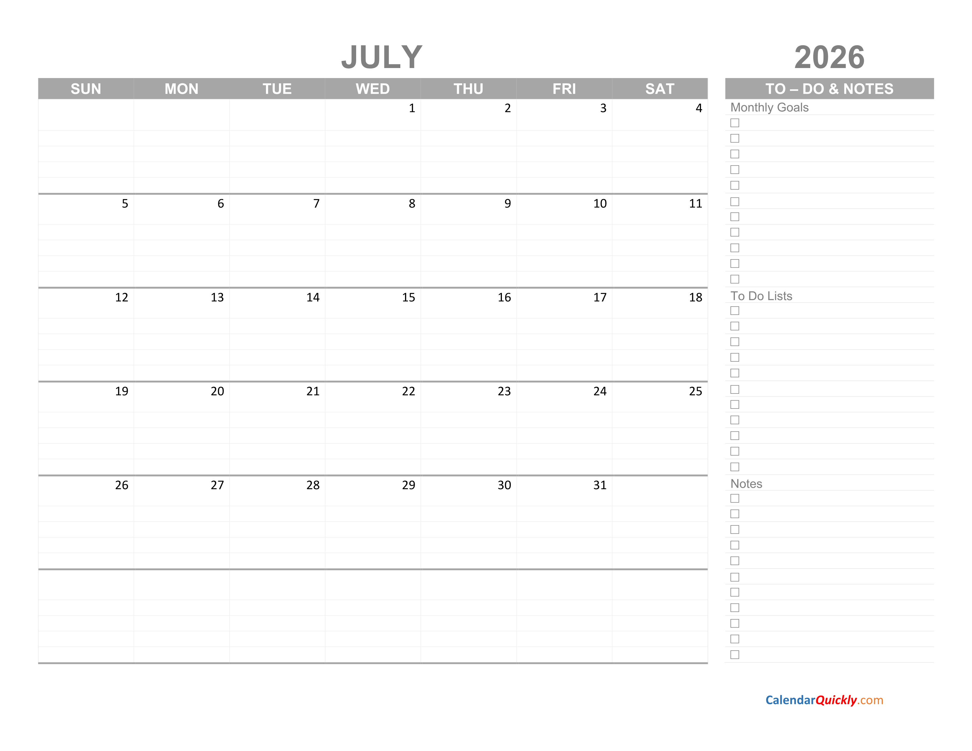 July 2026 Calendar With To Do List Calendar Quickly