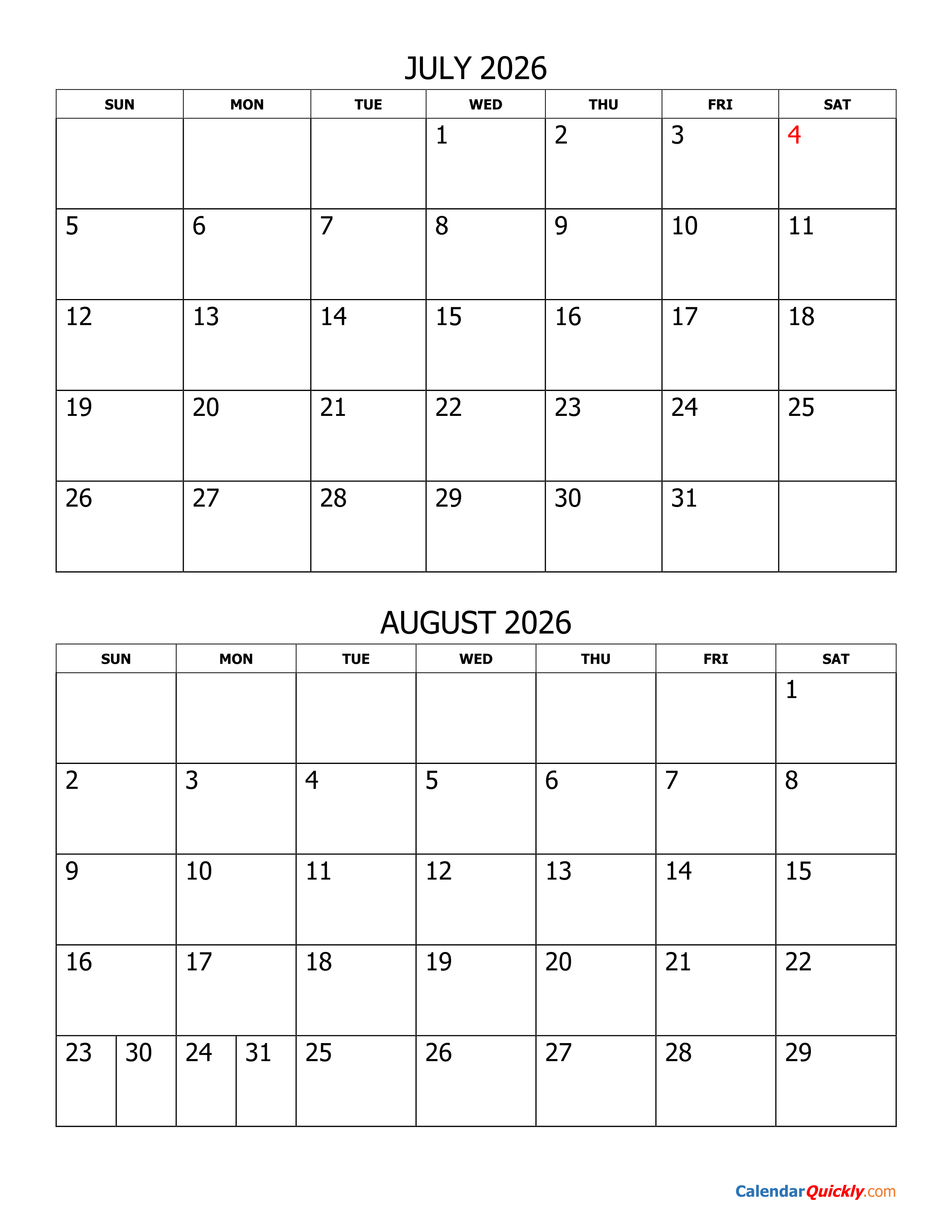 July And August 2026 Calendar Calendar Quickly July And August 2026 Calendar Calendar Quickly