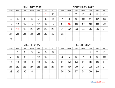 January to April 2027 Calendar | Calendar Quickly