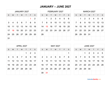 January to June 2027 Calendar Horizontal | Calendar Quickly