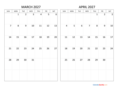 March and April 2027 Calendar | Calendar Quickly