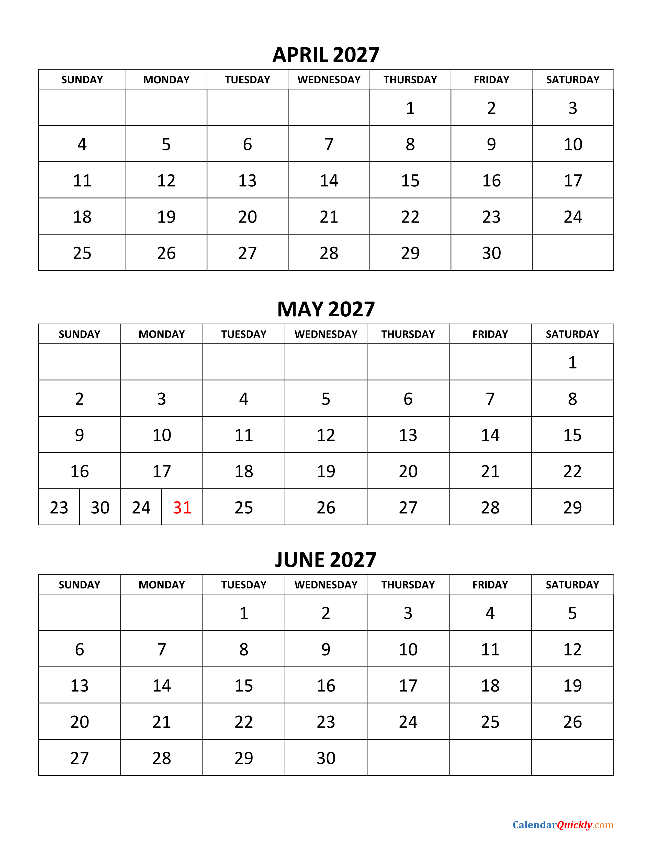 April to June 2027 Calendar | Calendar Quickly