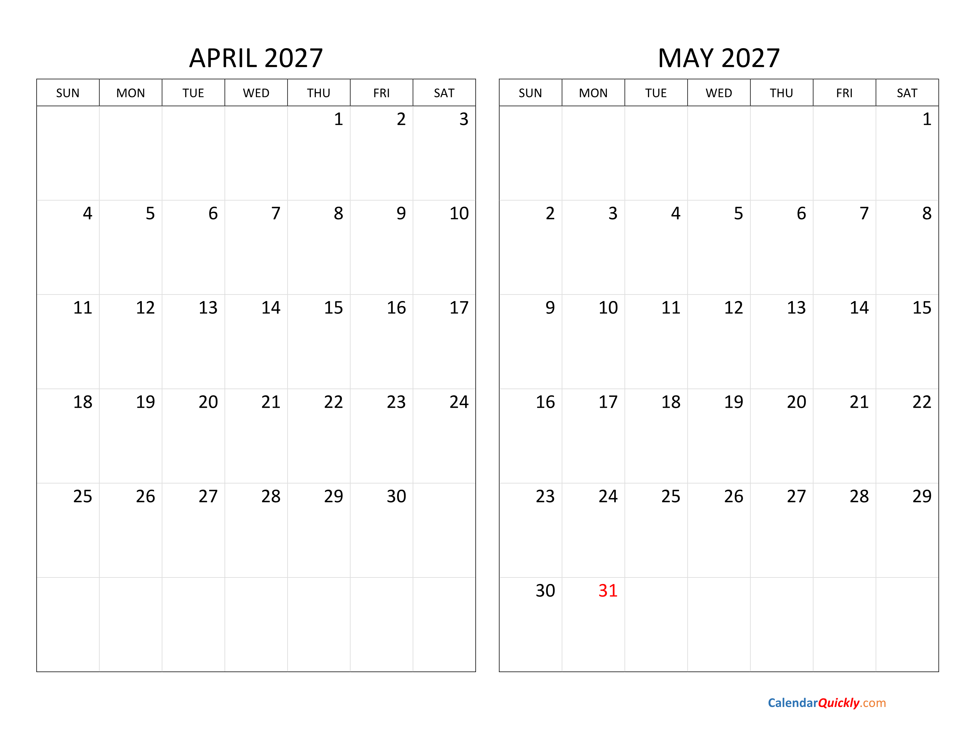April and May 2027 Calendar | Calendar Quickly