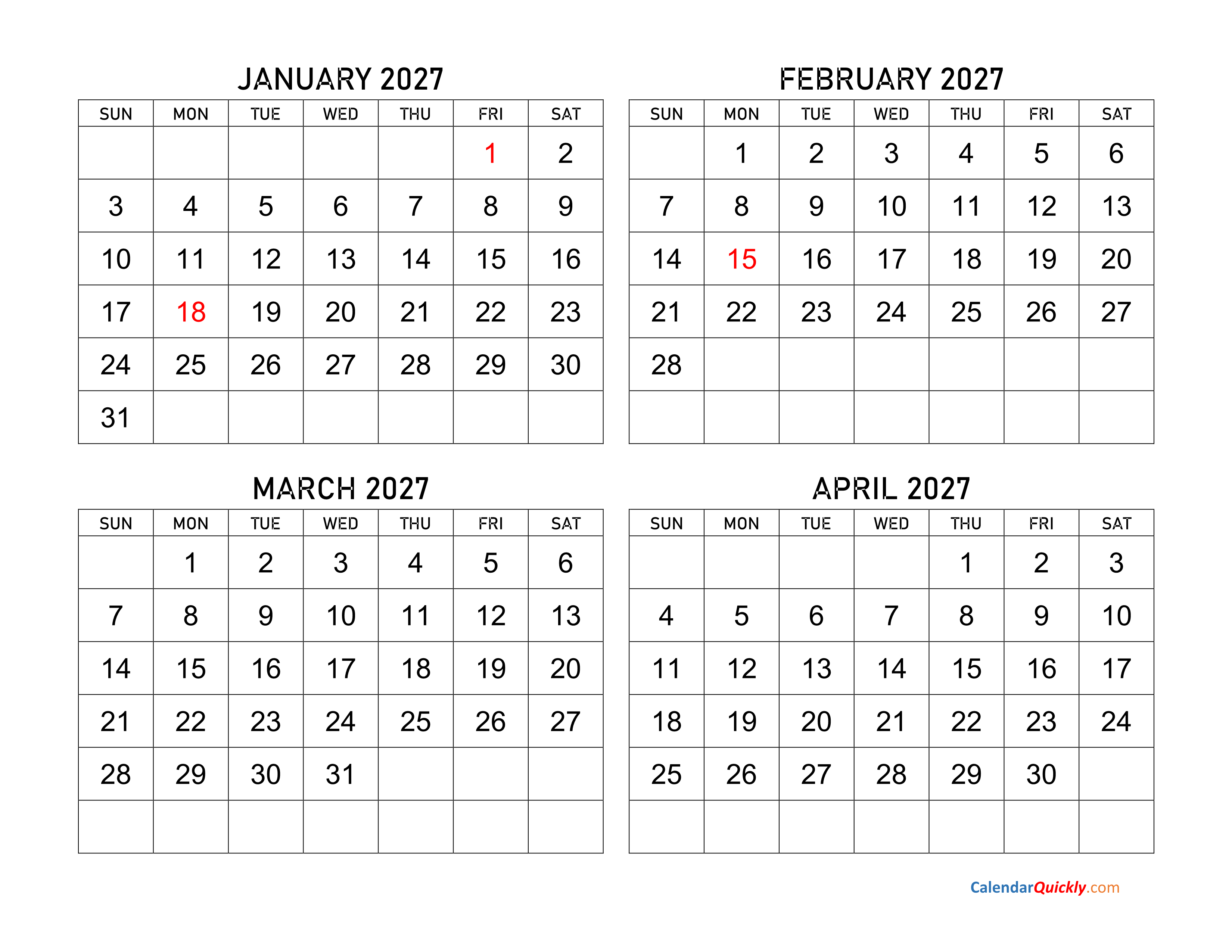 January to April 2027 Calendar | Calendar Quickly