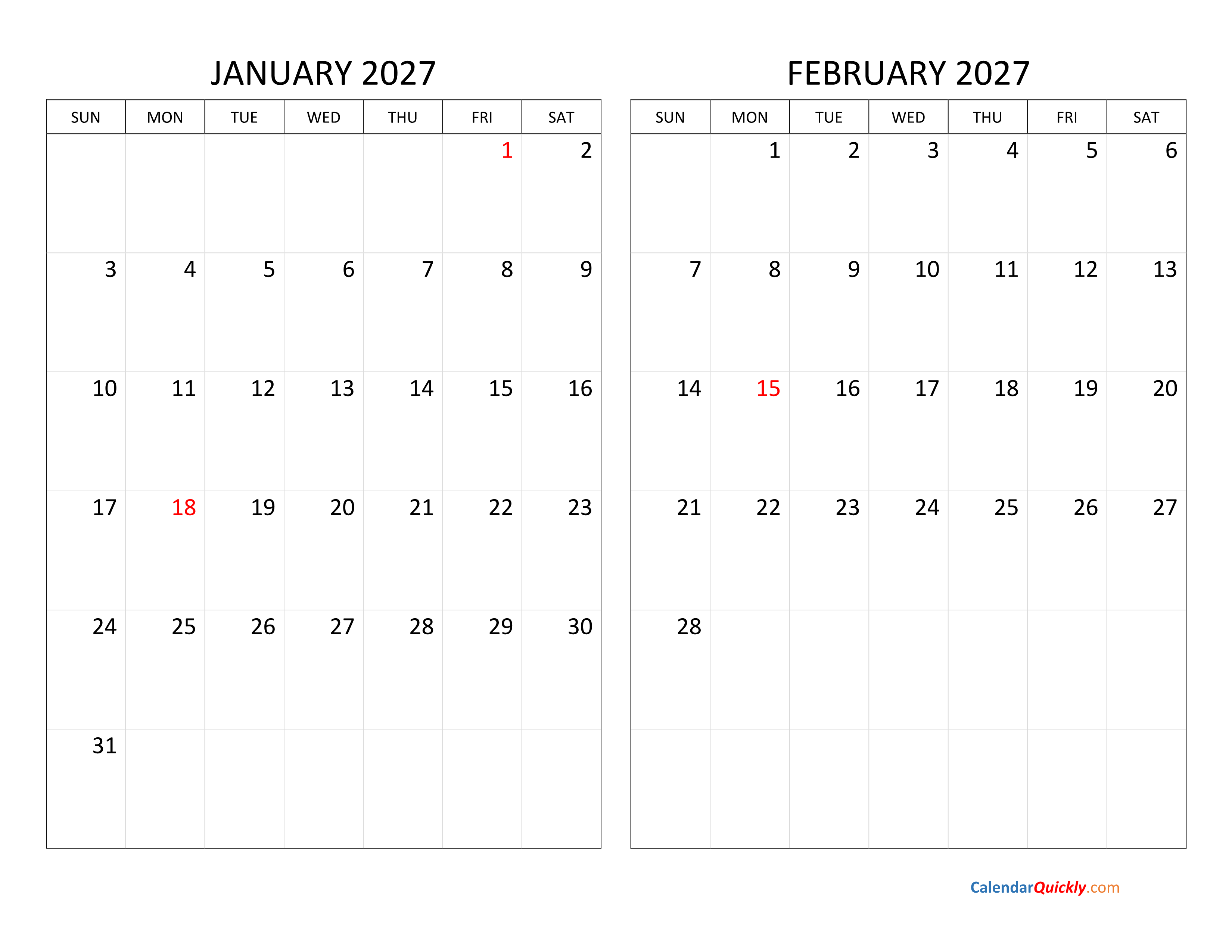 January and February 2027 Calendar | Calendar Quickly