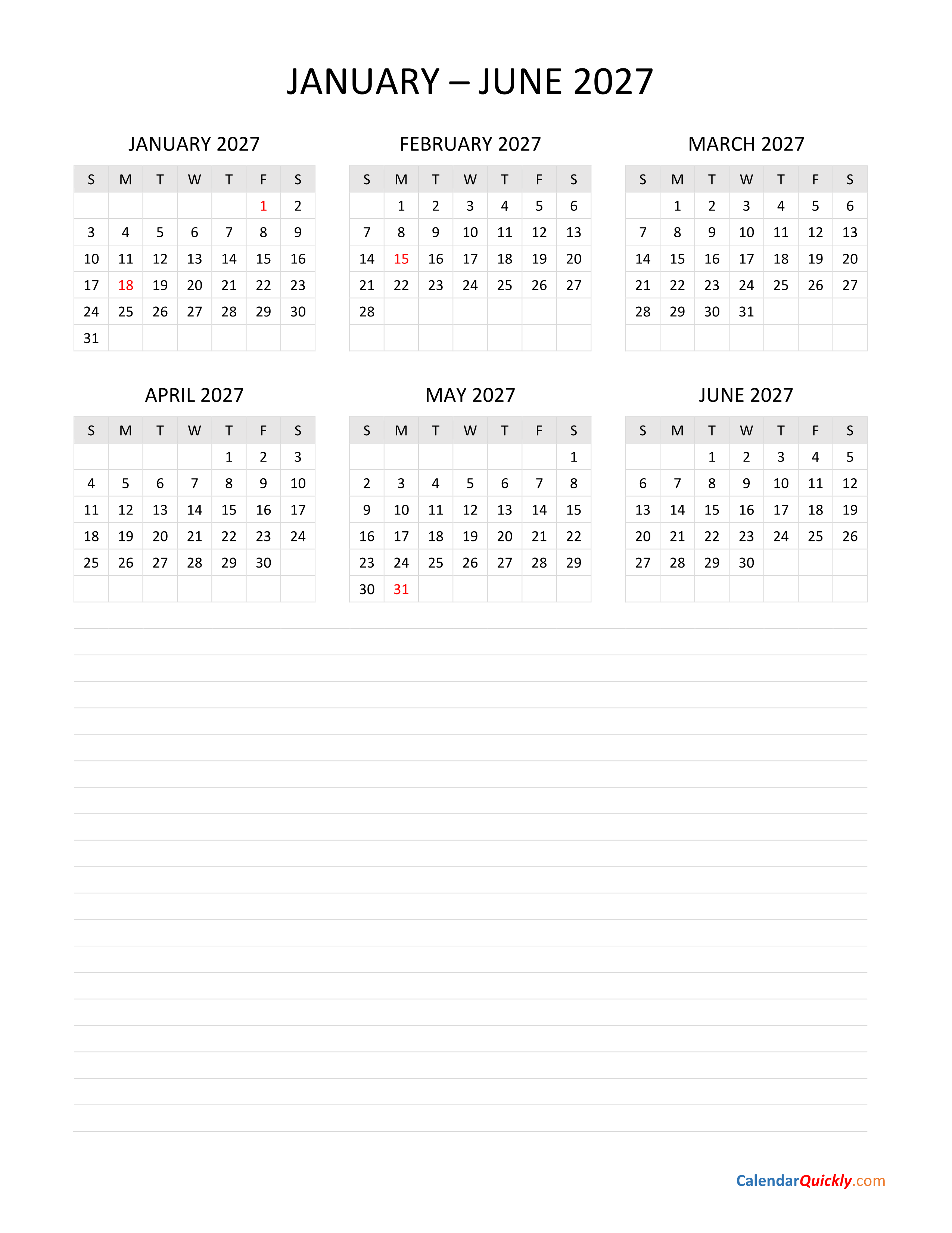 January to June 2027 Calendar with Notes | Calendar Quickly