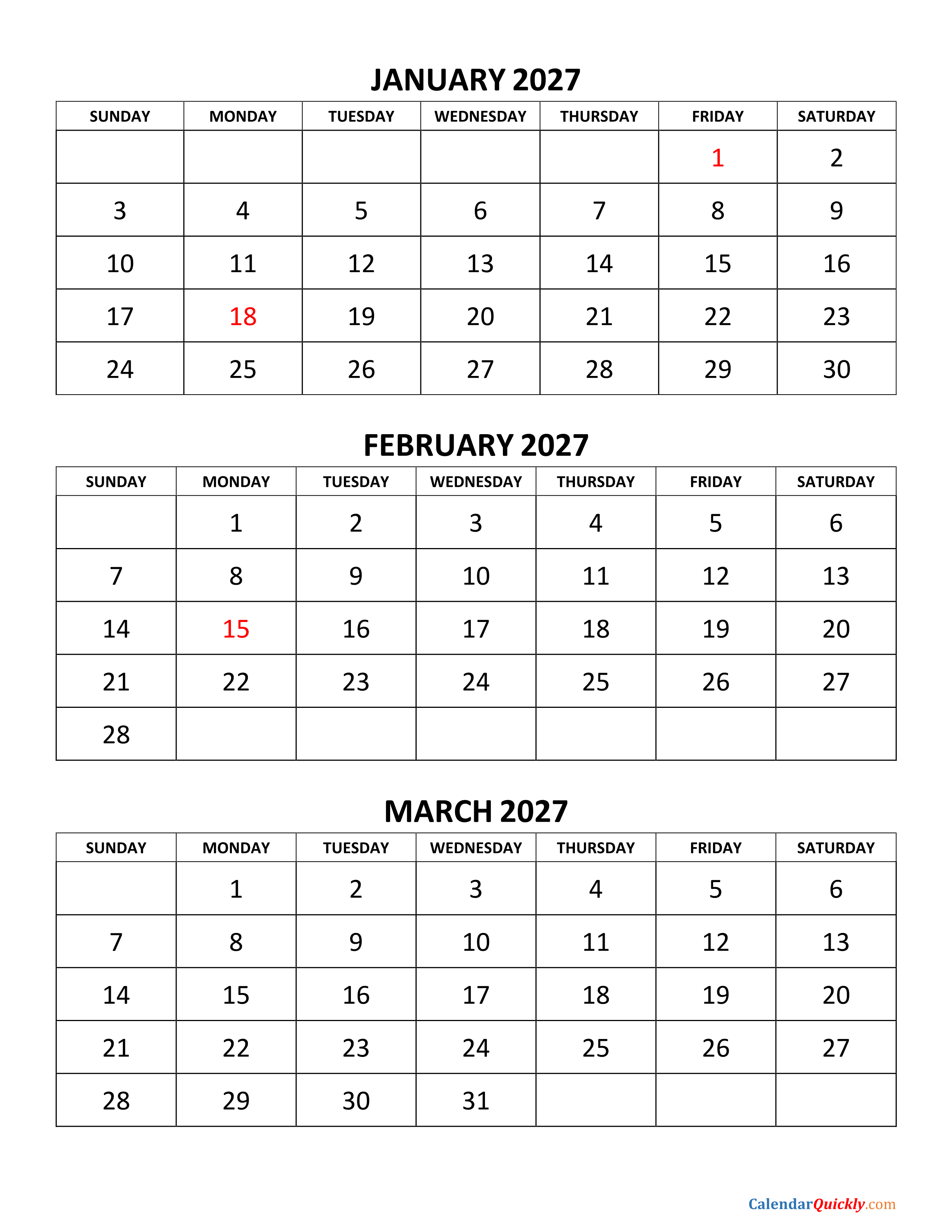 January to March 2027 Calendar | Calendar Quickly
